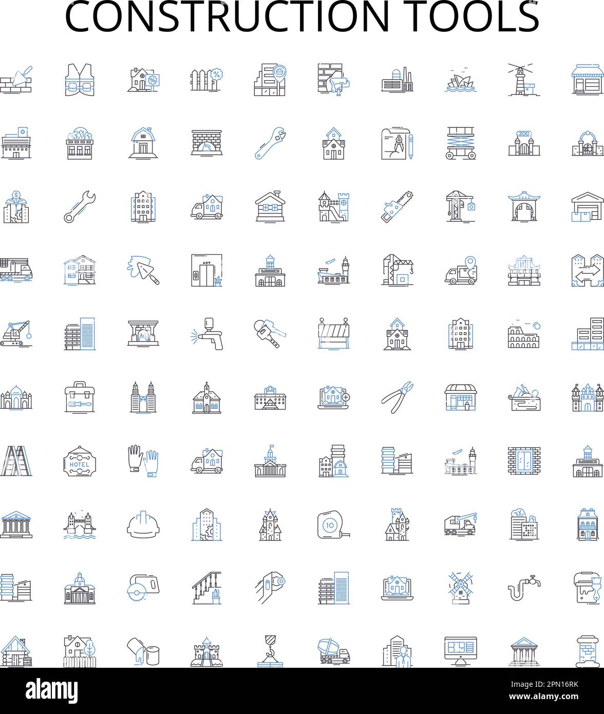 Construction tools outline icons collection. Shovel, Hammer, Drill, Saw ...