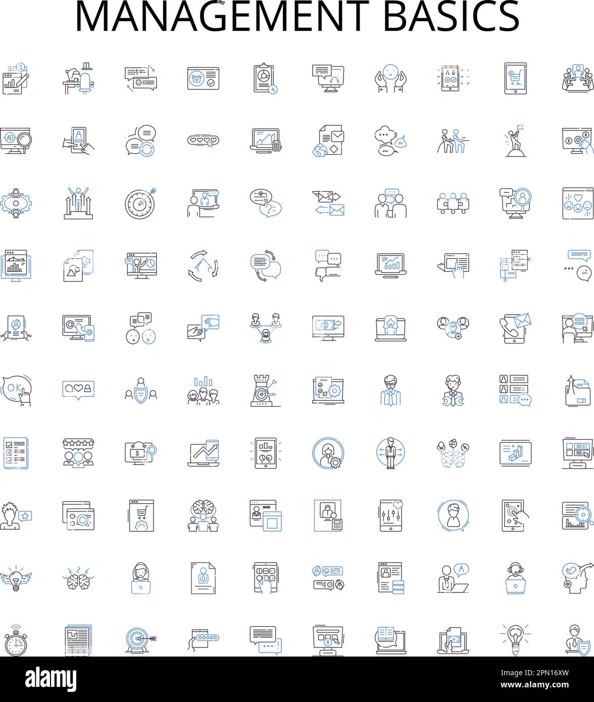 Management basics outline icons collection. Leadership, Planning ...