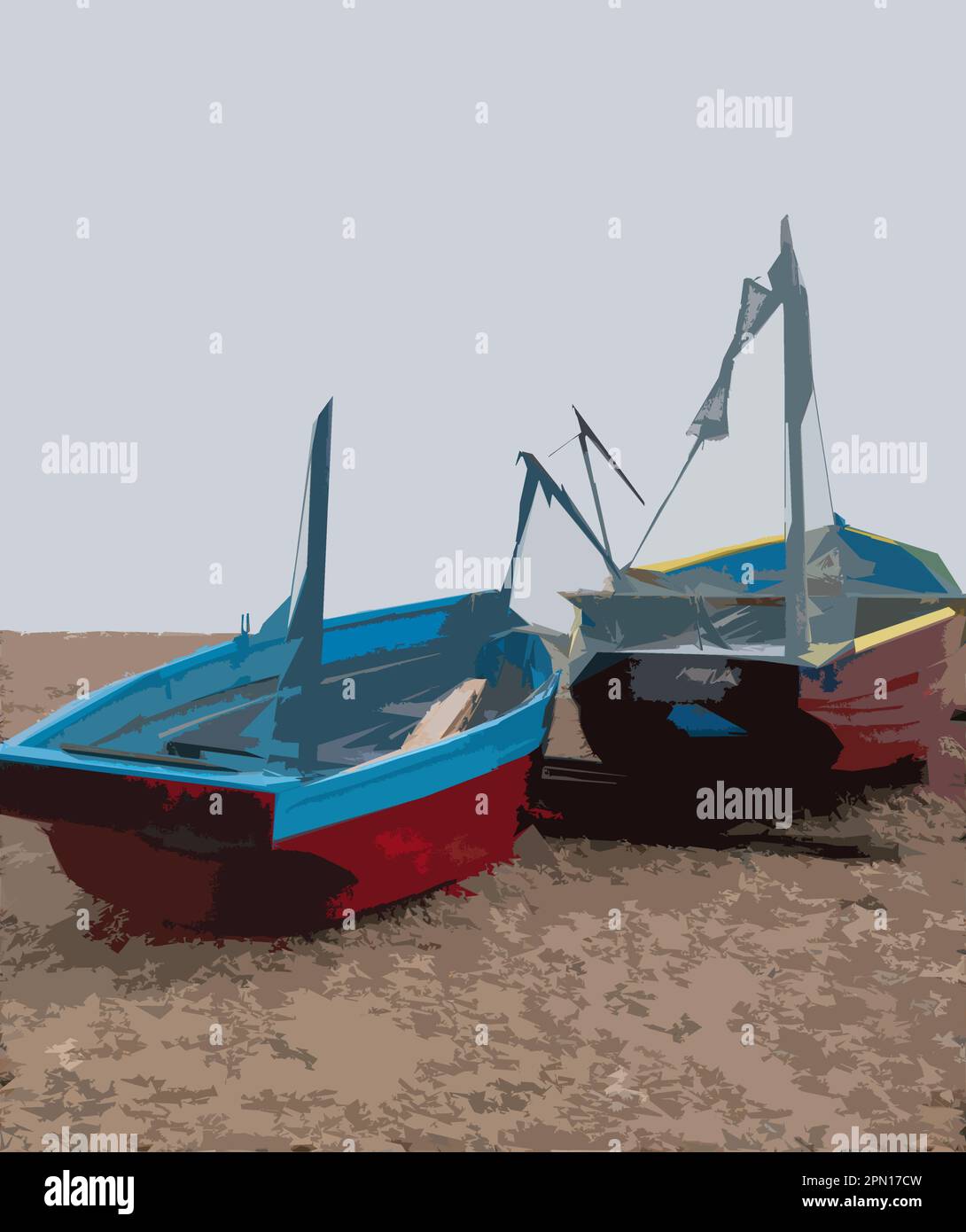 Closeup illustration of two fishing boats seen on the pebble beach ...