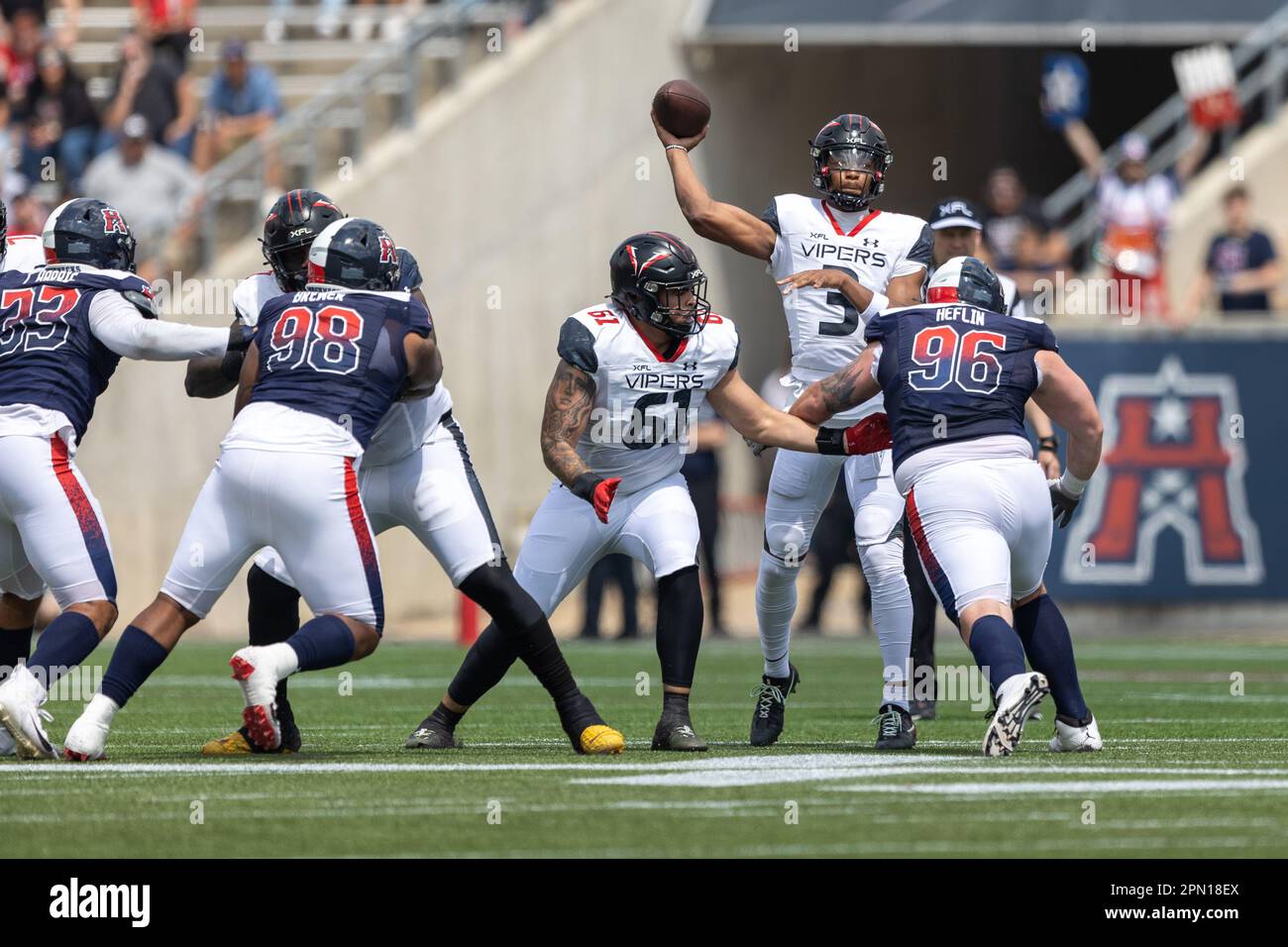 Vegas Vipers quarterback Jalan McClendon (3) gets a pass off as Houston ...