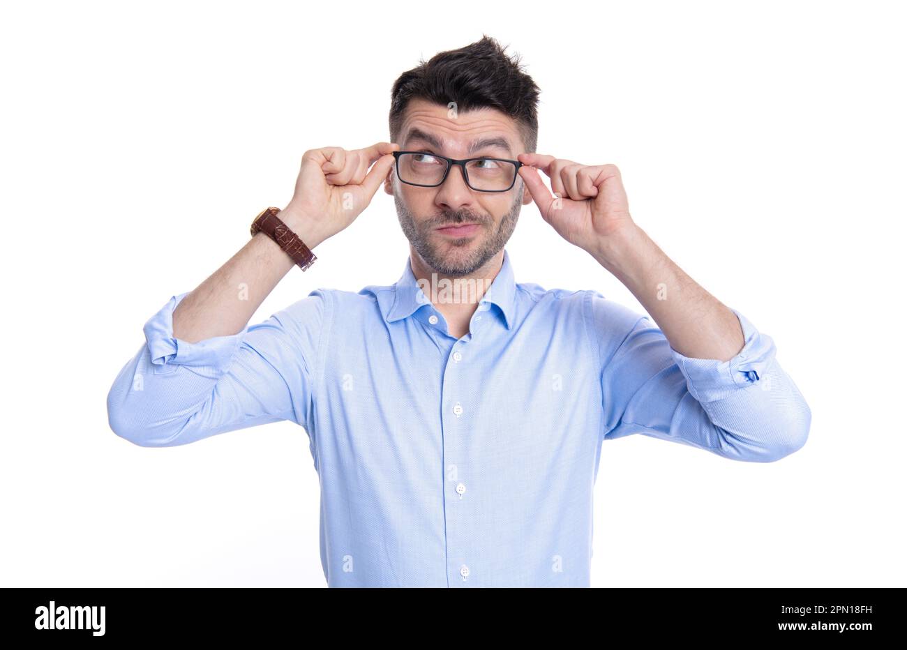 thinking man in eyewear isolated on white background. thinking man ...