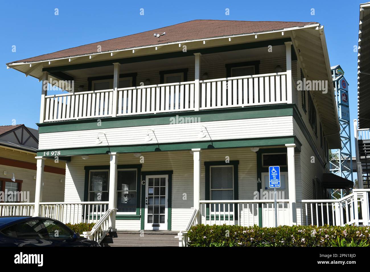 IRVINE, CALIFORNIA - 9 APR 2023: The former Hotel building in Old Town ... IRVINE, CALIFORNIA - 9 APR 2023: The former Hotel building in Old Town ...
