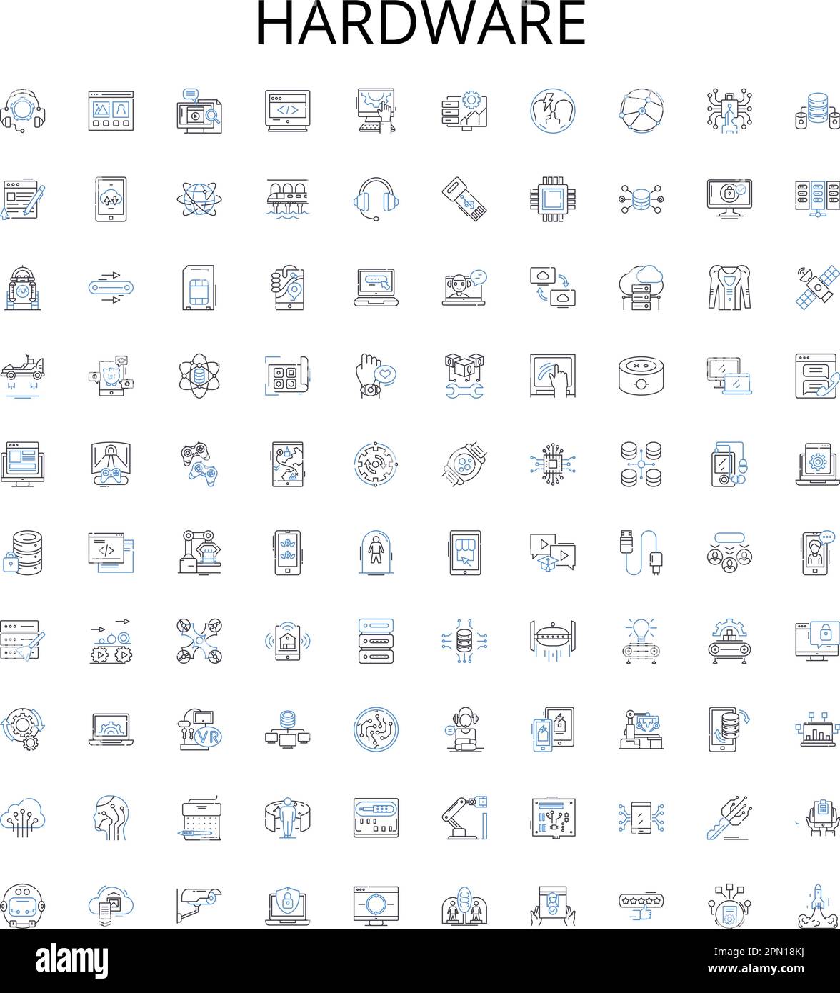 Hardware outline icons collection. Hardware, components, peripherals, processors, GPUs ...