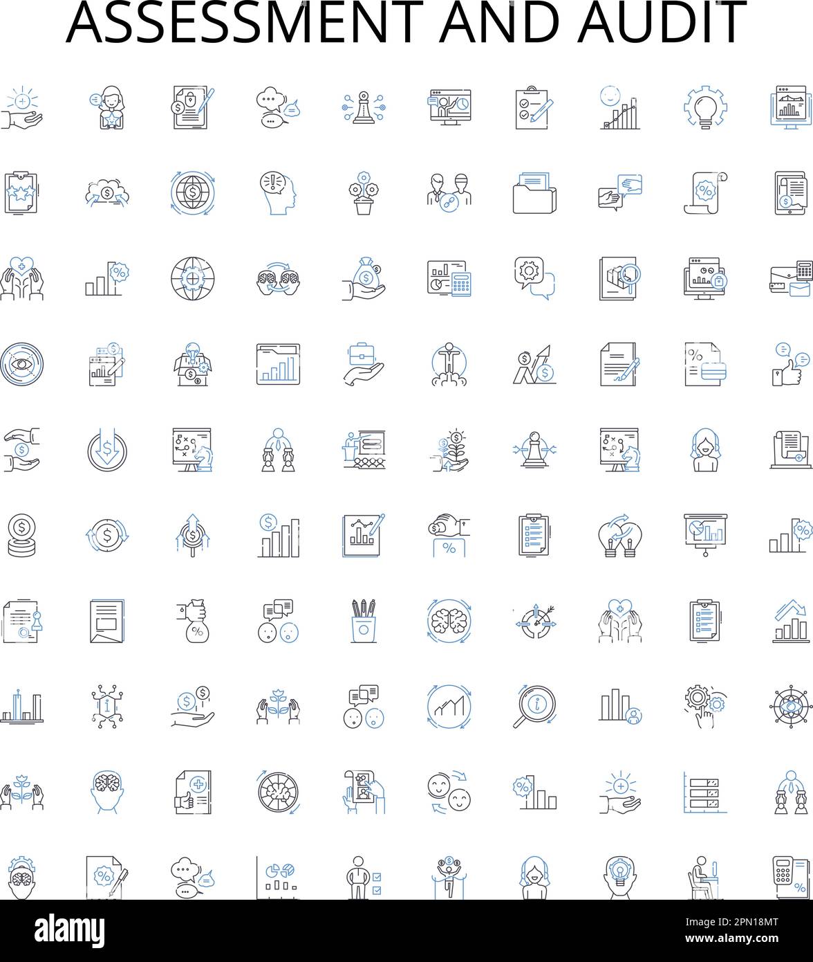 Assessment and audit outline icons collection. Auditing, Assessing, Evaluation, Monitoring ...