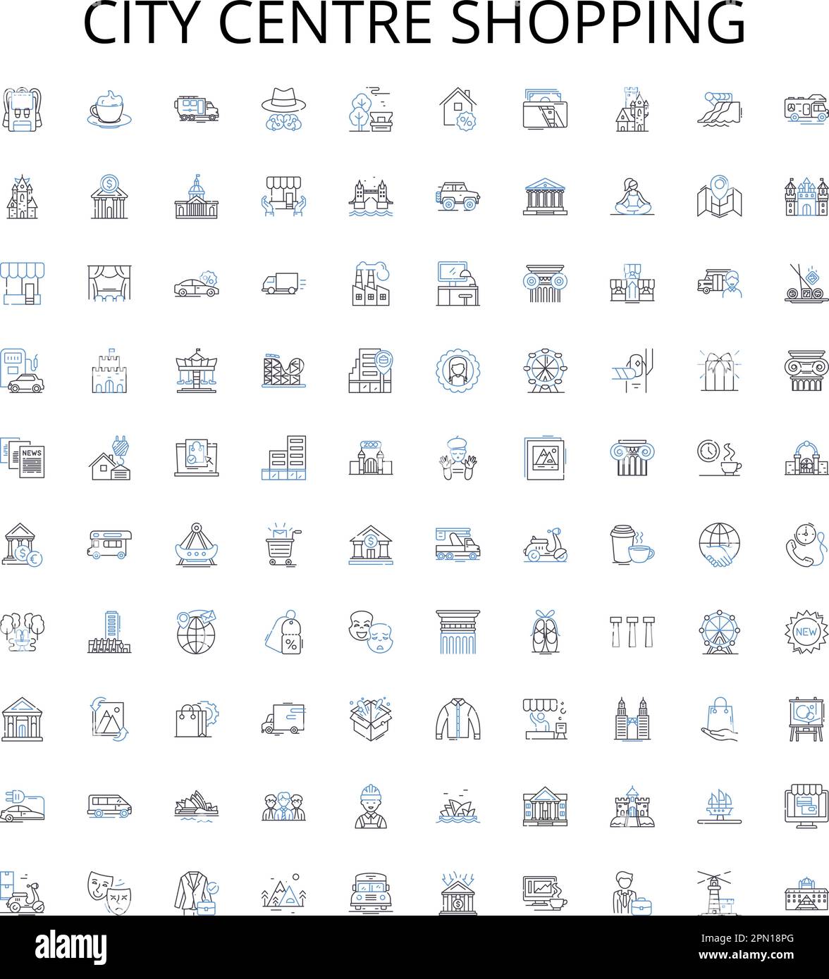 City centre shopping outline icons collection. Urban, Mall, Bazaar, Hub ...