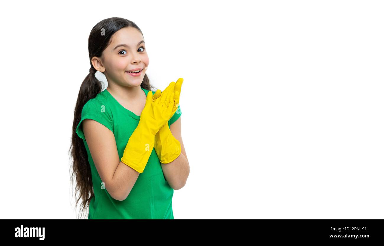 girl cleaner housekeeping in studio, copy space. girl cleaner ...