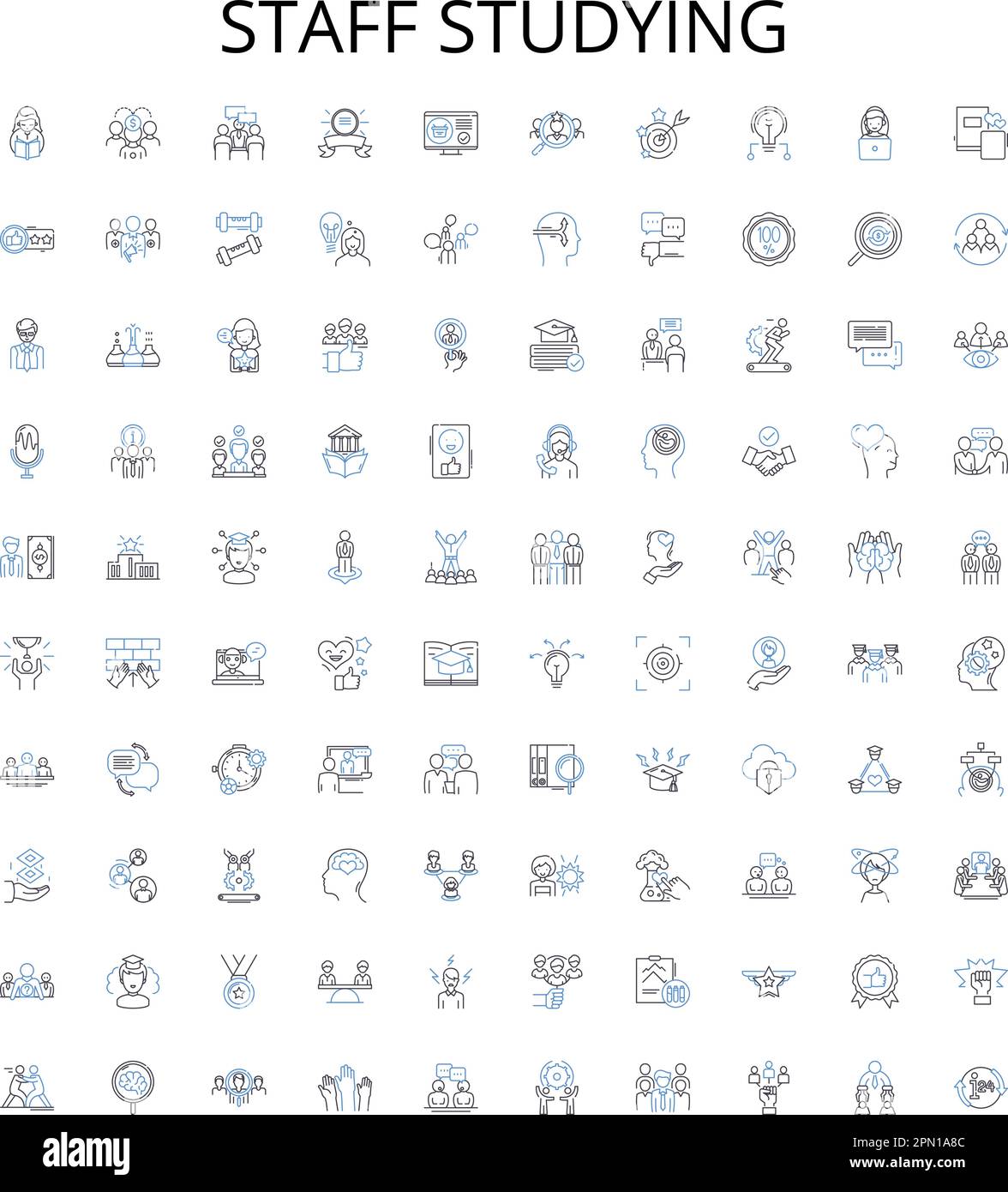 Staff studying outline icons collection. Examining, Learning, Gaining ...