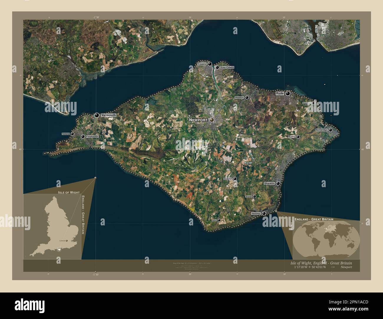 Isle of Wight, unitary authority of England - Great Britain. High resolution satellite map ...