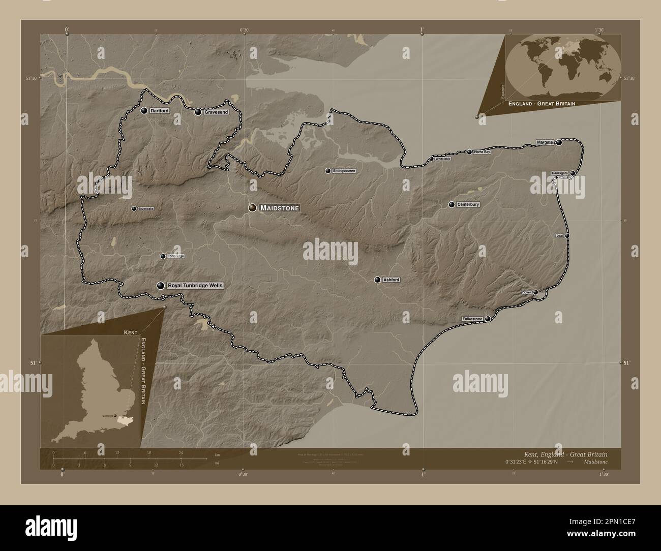 Kent, administrative county of England - Great Britain. Elevation map ...