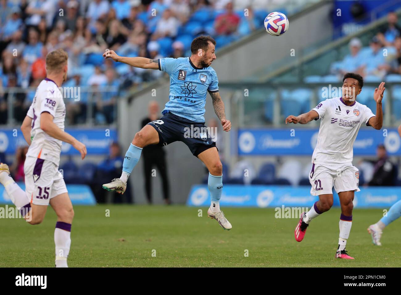 Sydney, Australia. 16th Apr, 2023. Adam Le Fondre of Sydney FC attempts a header during the ...