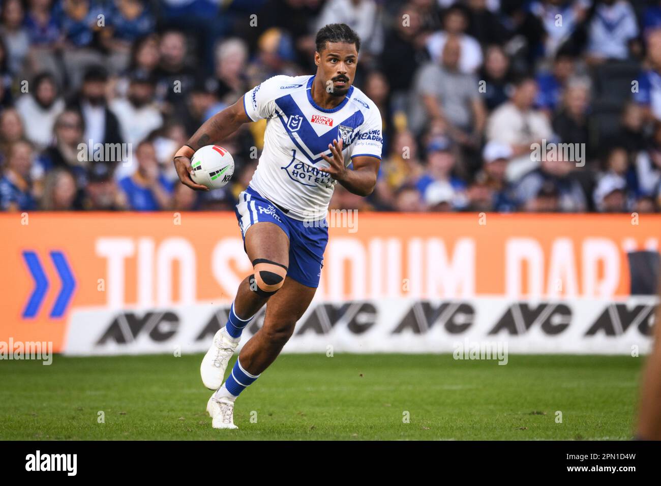 Jayden Okunbor of the Bulldogs during the NRL Round 7 match between the Parramatta Eels and the ...