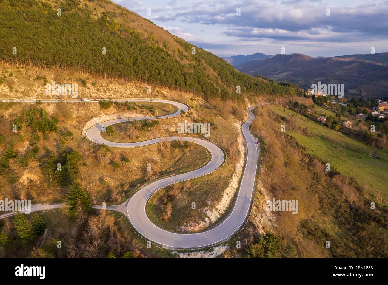 Aerial view of curvy road on monte Nerone slope in Marche region in ...