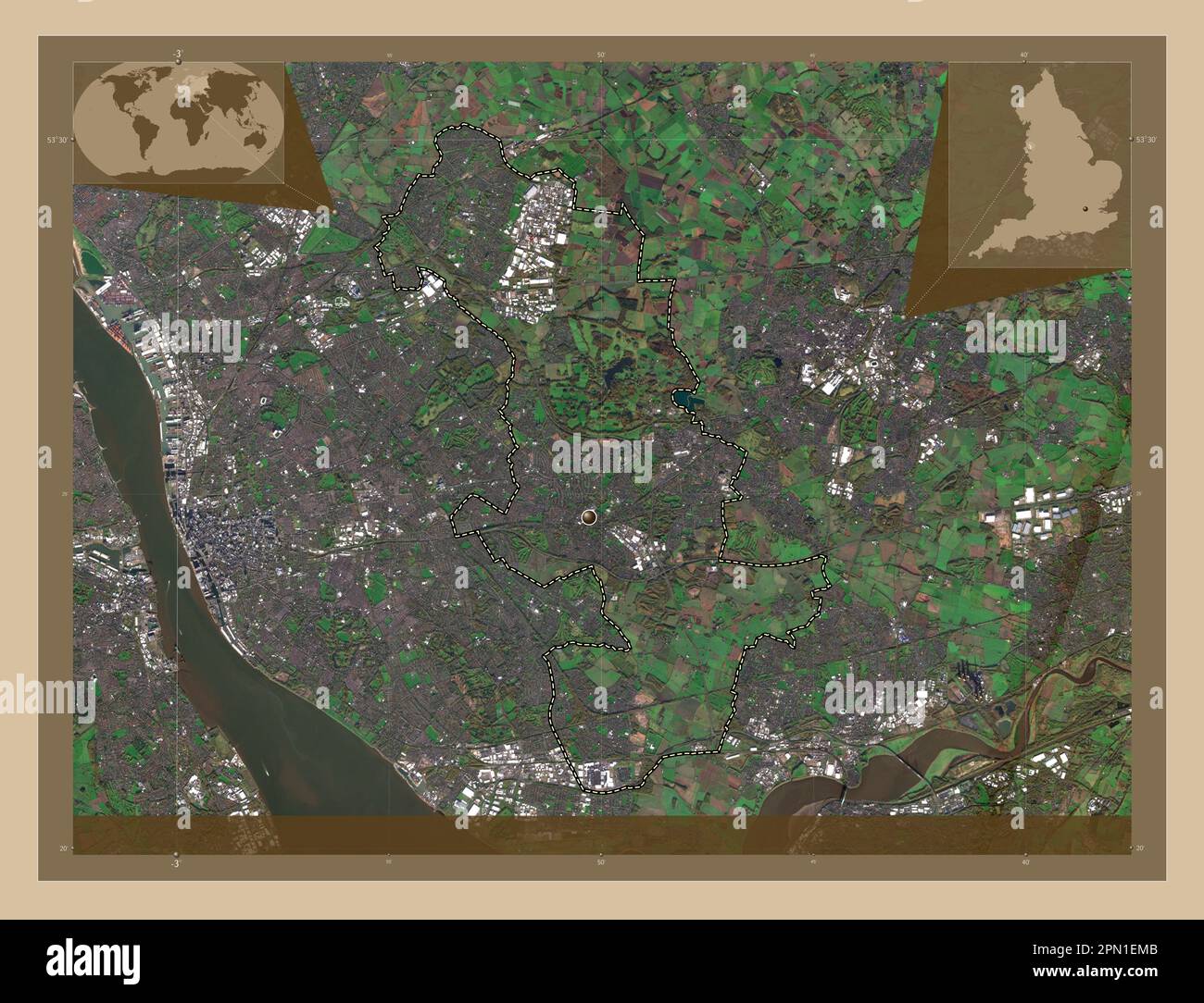 Knowsley, administrative county of England - Great Britain. Low resolution satellite map. Corner ...