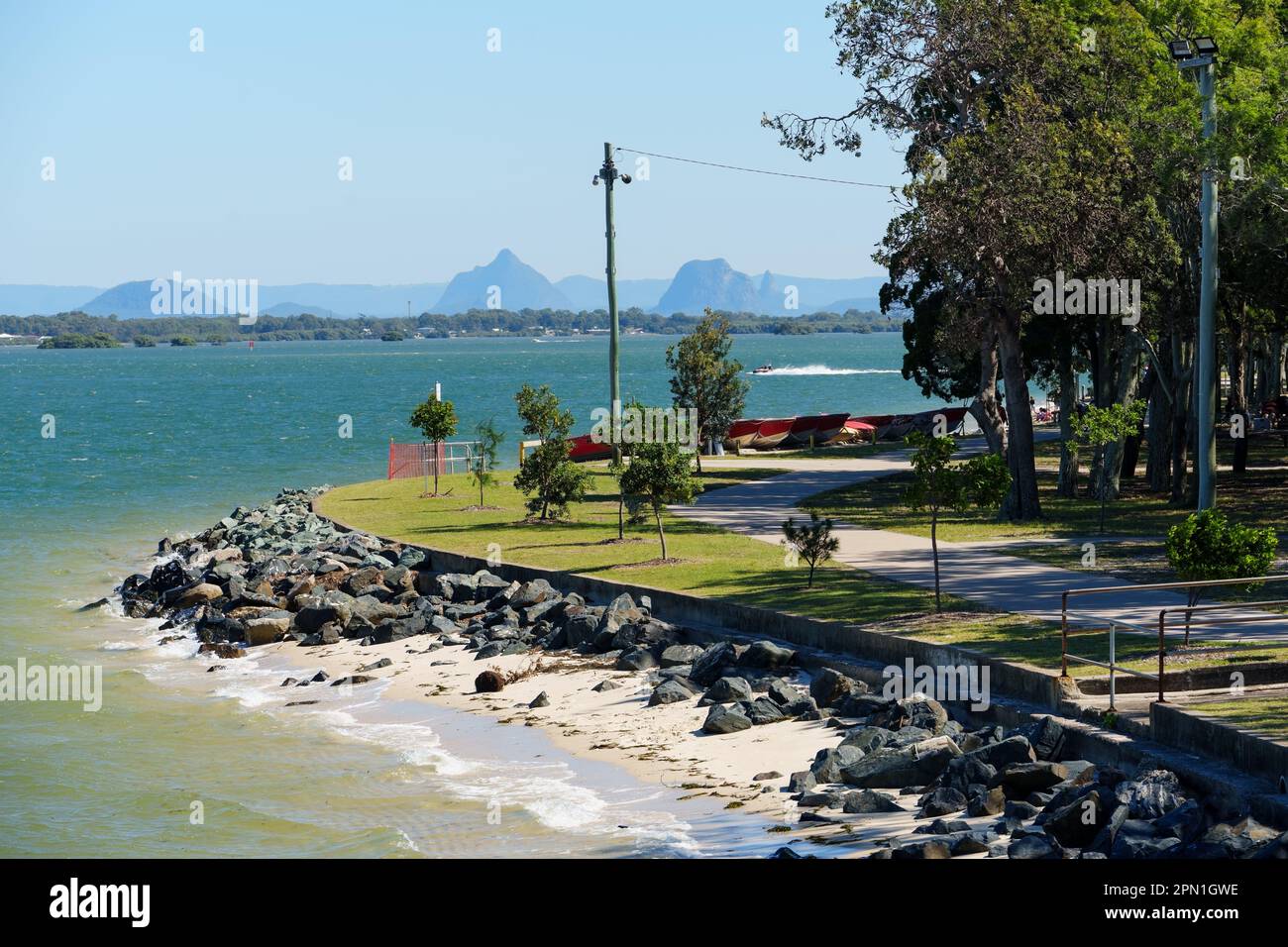 View across Pumicestone Passage, with Sylvan Beach Park in the ...