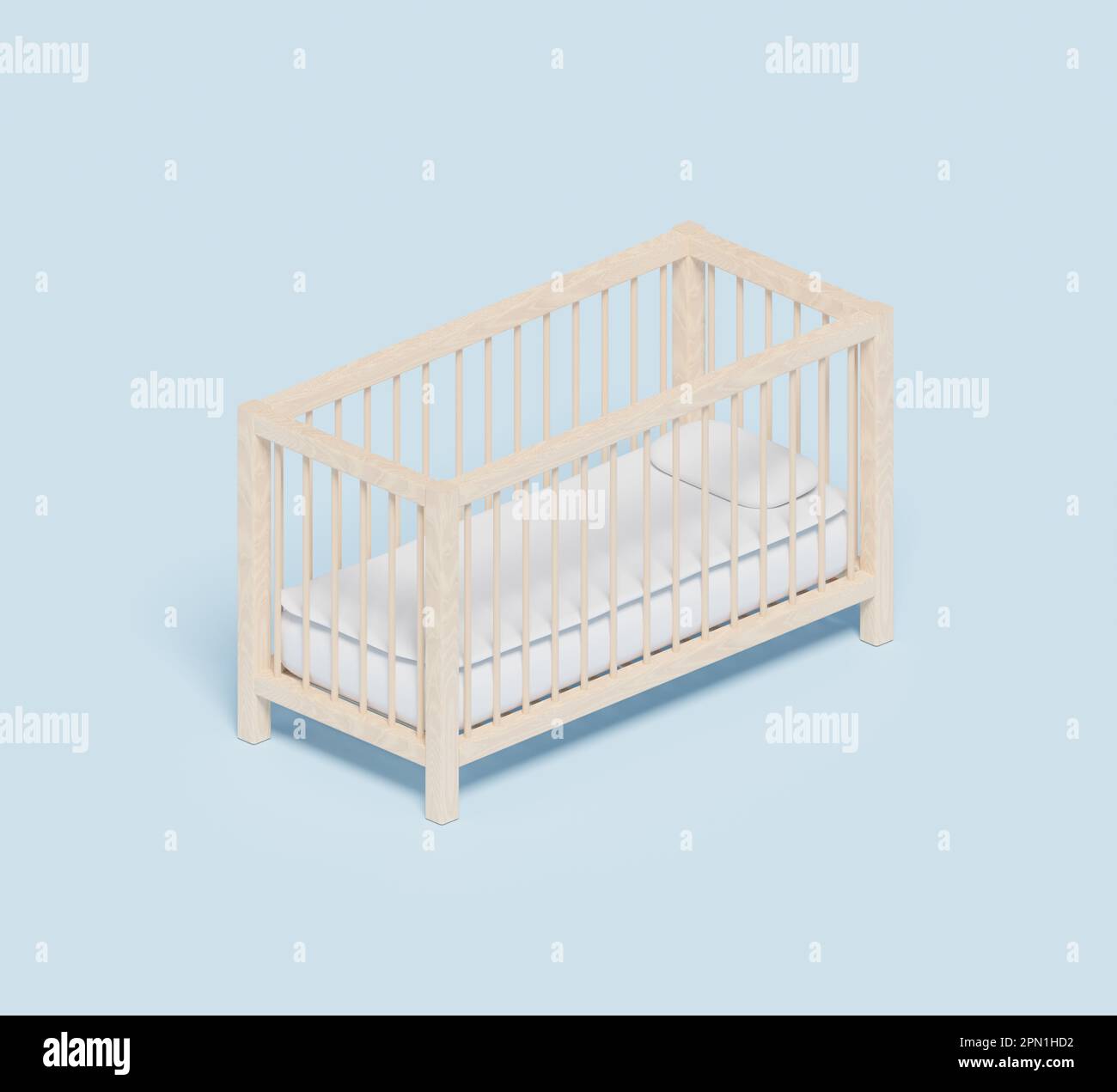 Wooden baby crib against pastel background, 3d rendering. Giving birth ...