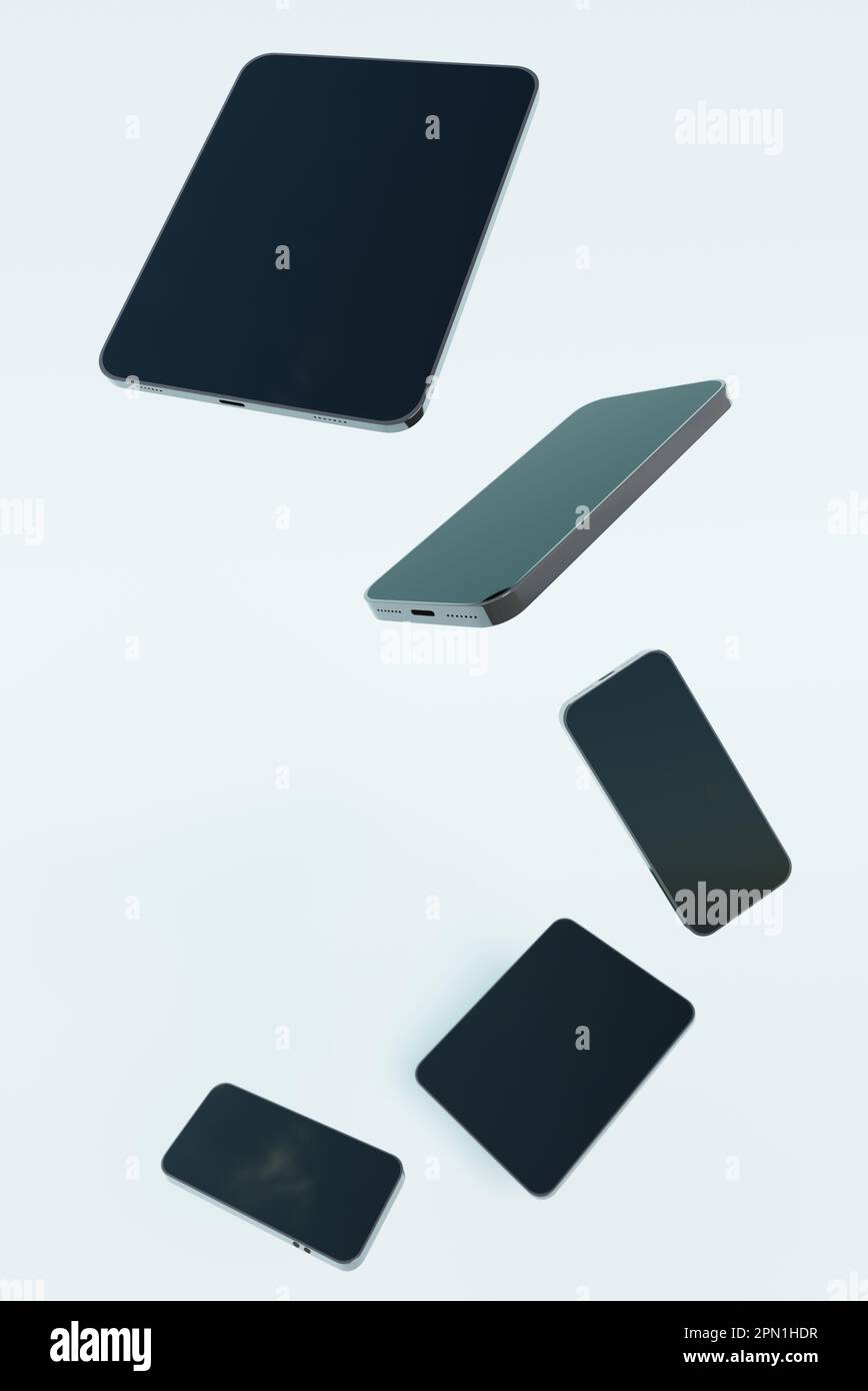 Smartphones and tablets floating in white background, 3d rendering ...