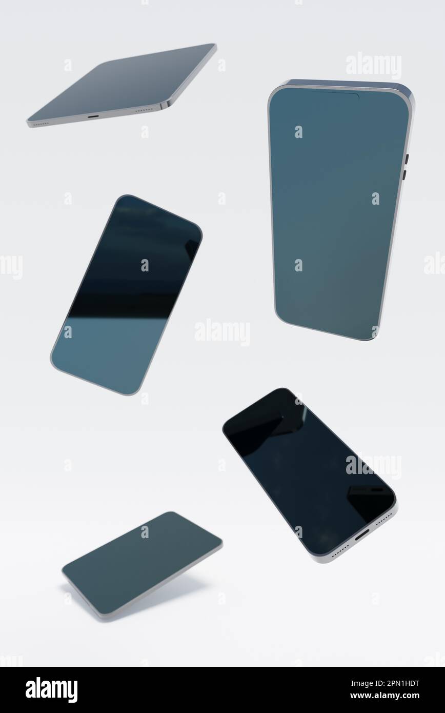Smartphones and tablets floating in white background, 3d rendering. Modern digital technology ...