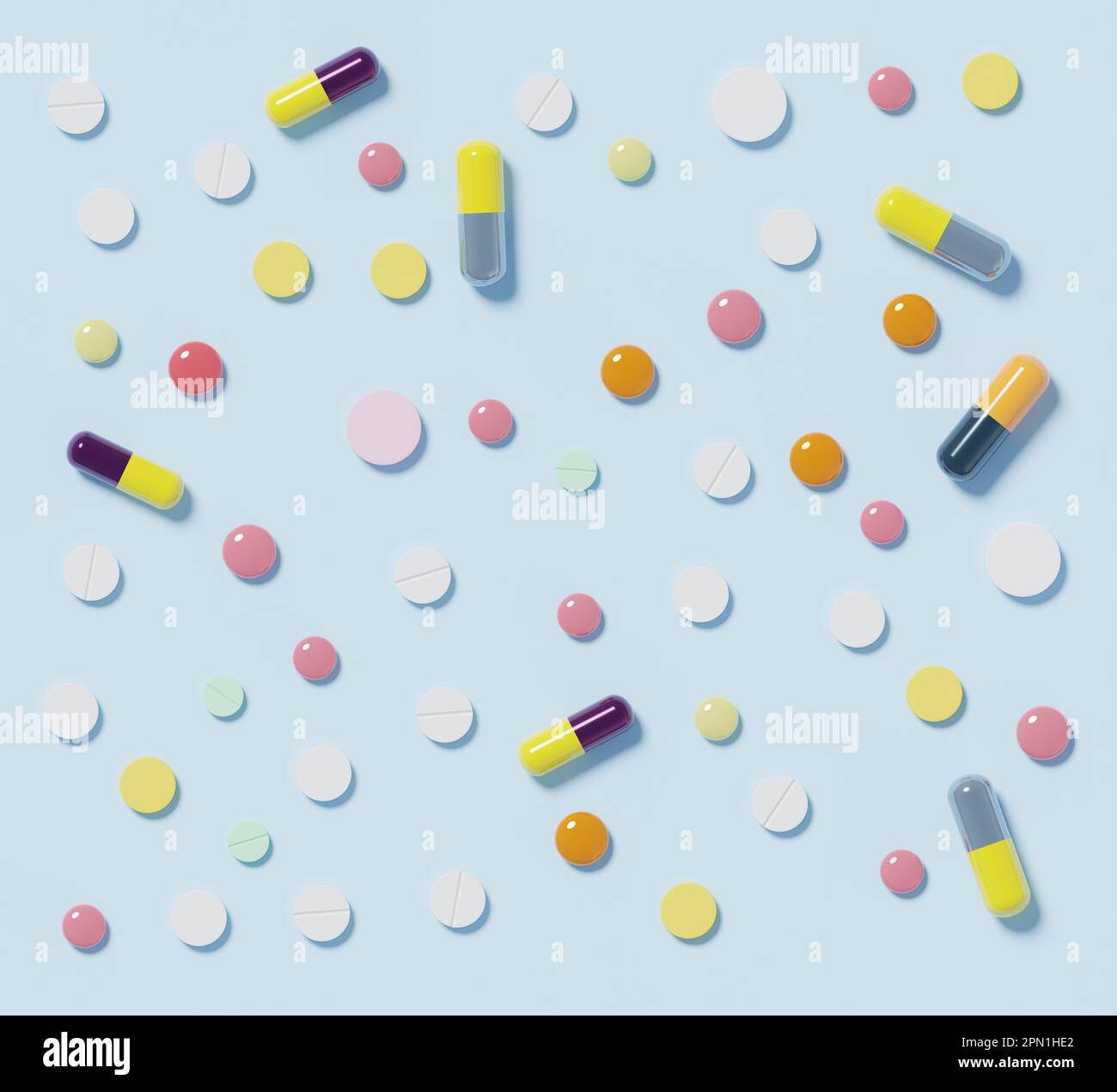 Various pills on blue background, 3d rendering. Prescription pills or ...