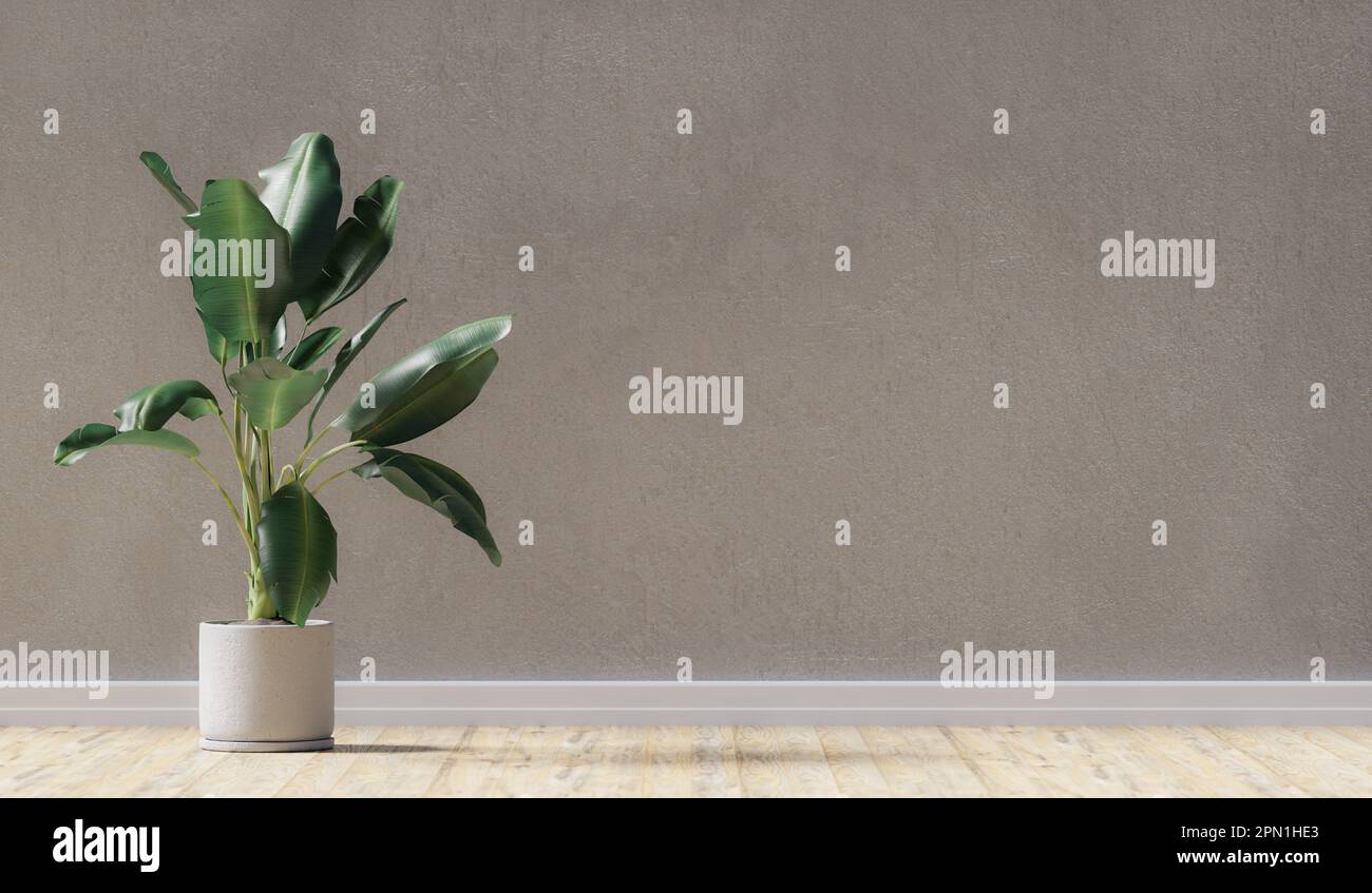 Mock-up of a generic room with rough concrete wall, wood floor and a ...