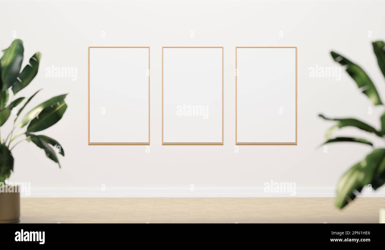 Mockup of a generic room with white wall, wooden floor, empty picture ...