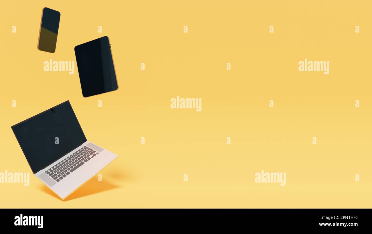 A generic laptop, tablet and phone floating on yellow backdrop, 3d ...