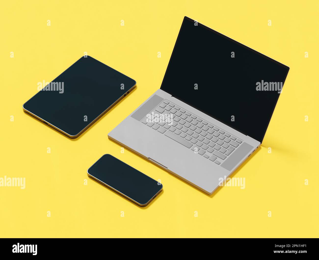 A generic laptop, tablet and phone on yellow backdrop, 3d rendering ...