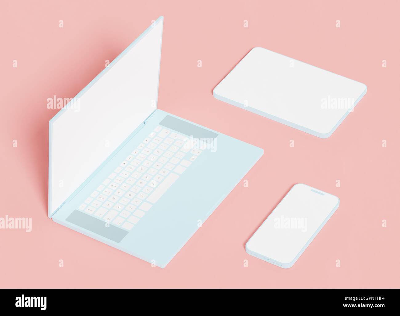Stylized light blue laptop, tablet and phone on pale pink backdrop, 3d ...