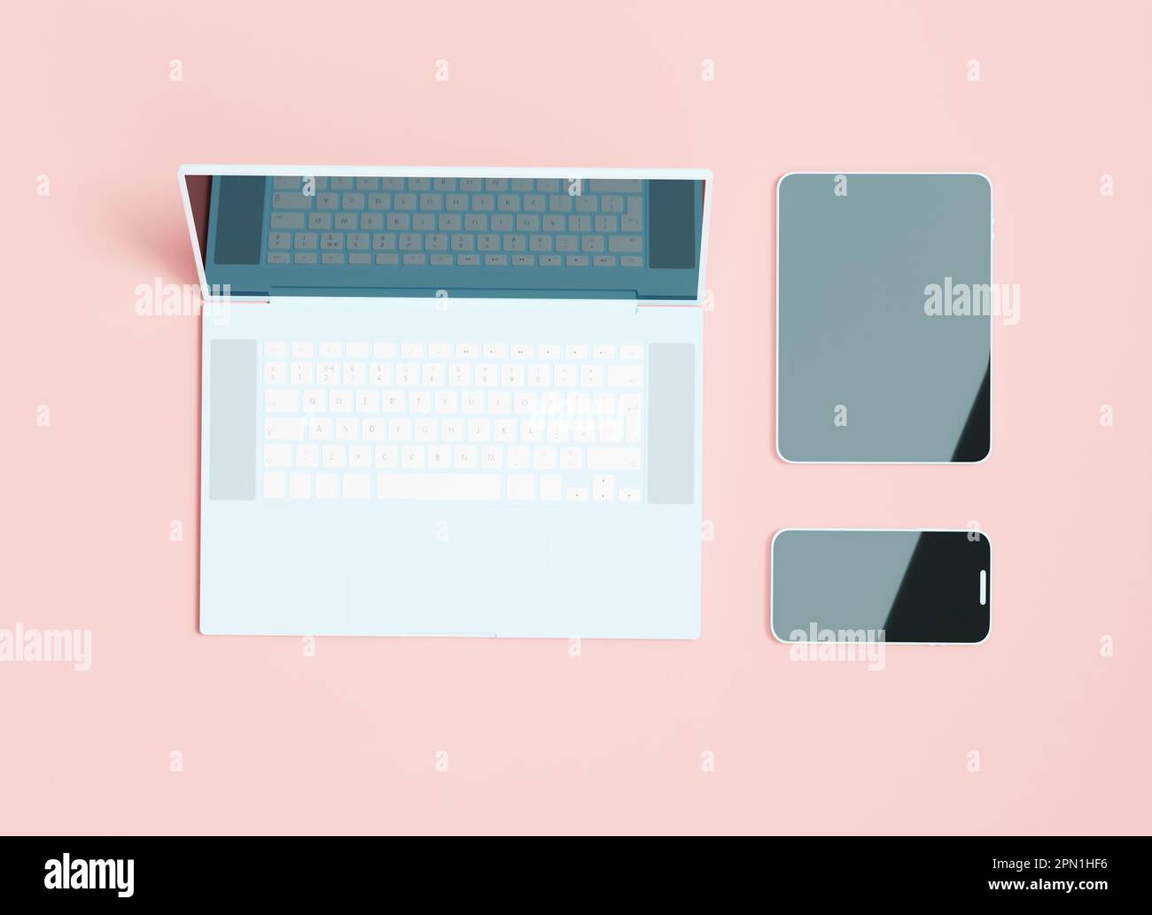 Stylized light blue laptop, tablet and phone on pale pink backdrop, 3d ...