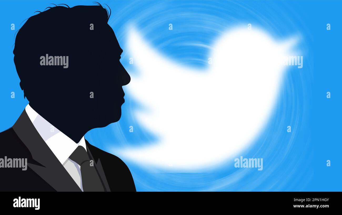 Silhouette of Elon Musk in front of blue banner with Twitter logo in ...