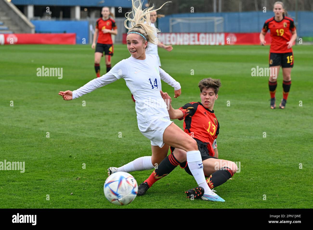 Missy Bo Kearns (14) of England pictured fighting for the ball with Isabelle Iliano (13) of ...