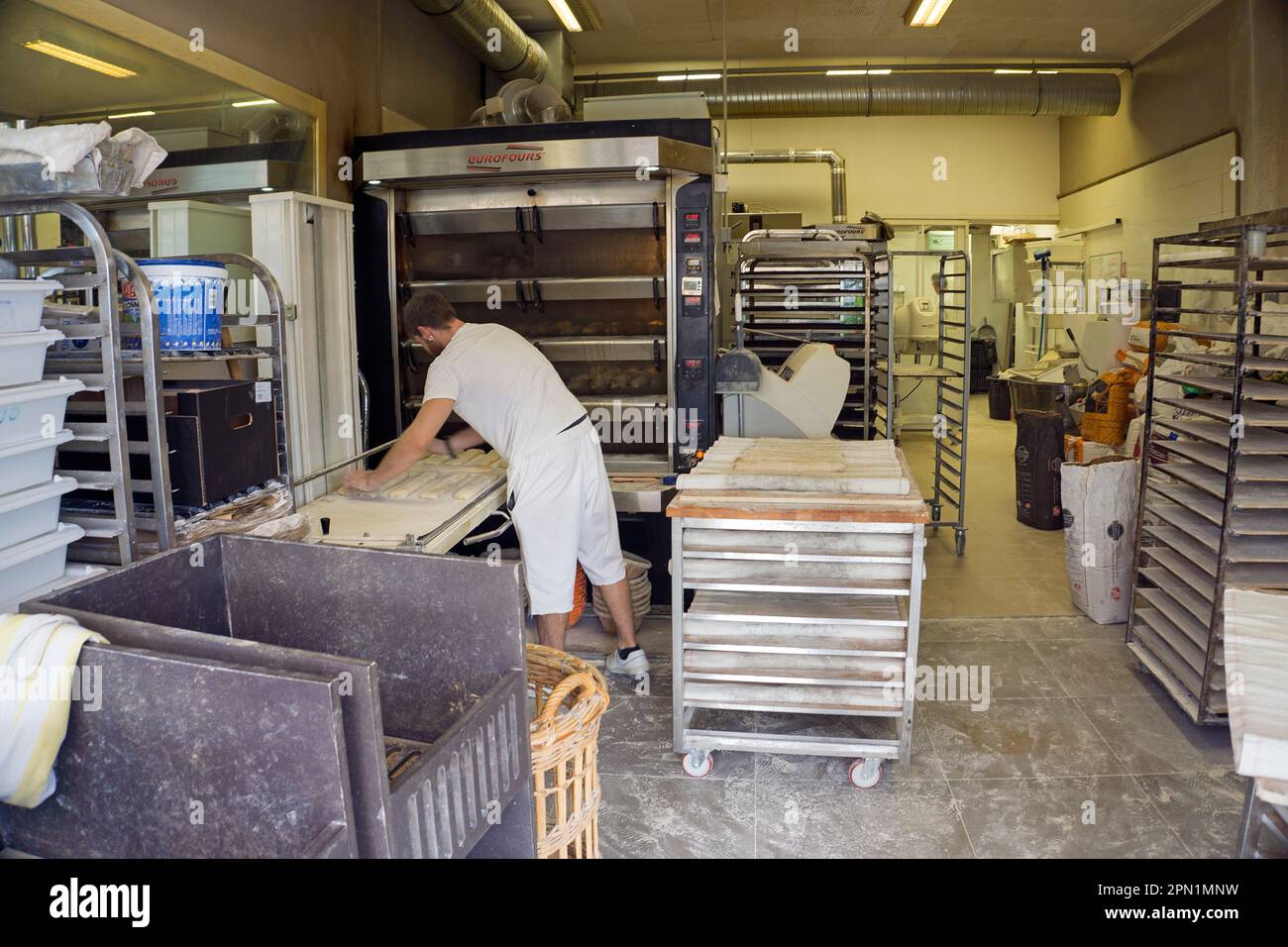 View inside a bakery, Baguette bakery at the harbour of Port Vendres ...