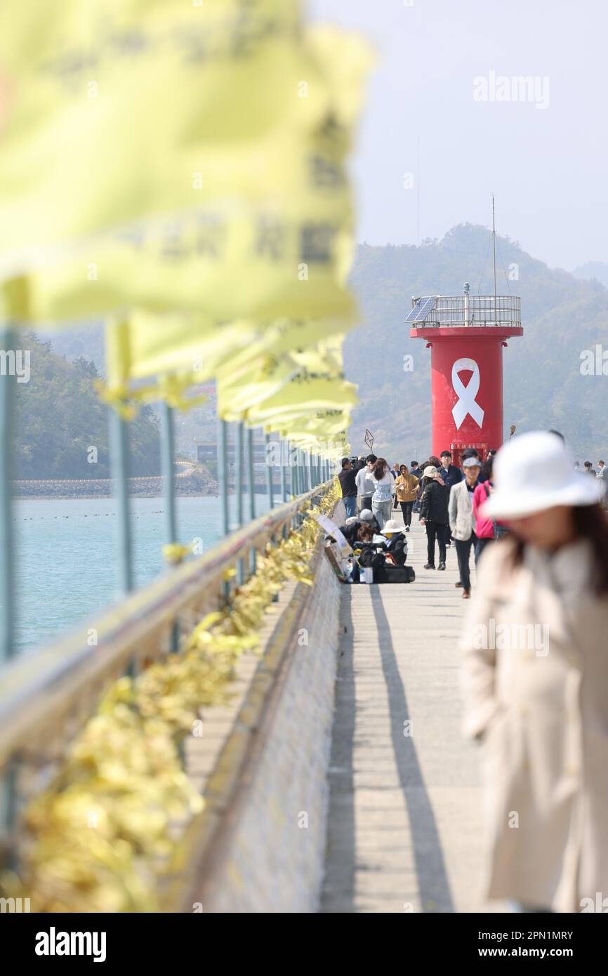 16th Apr, 2023. Yellow ribbons seen at Paengmok Harbor Yellow ribbons ...