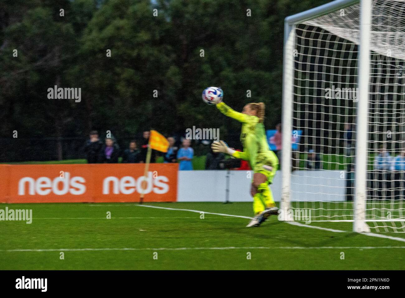 Cranbourne East, Australia. 15 April 2023. Melbourne Victory goalkeeper ...