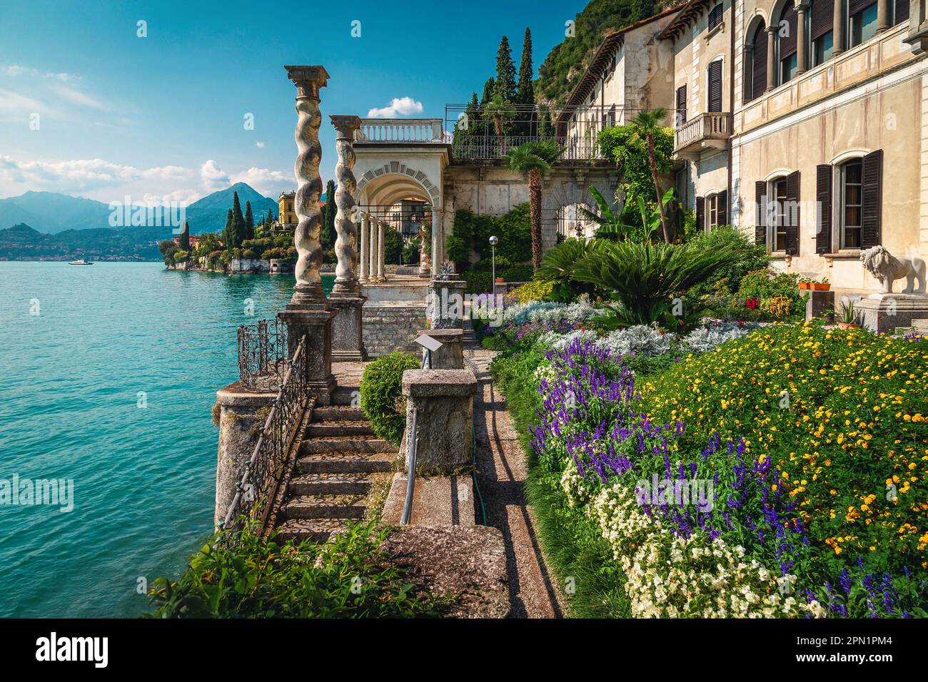 Amazing view from the flowery ornamental garden. Beautiful terrace with ...