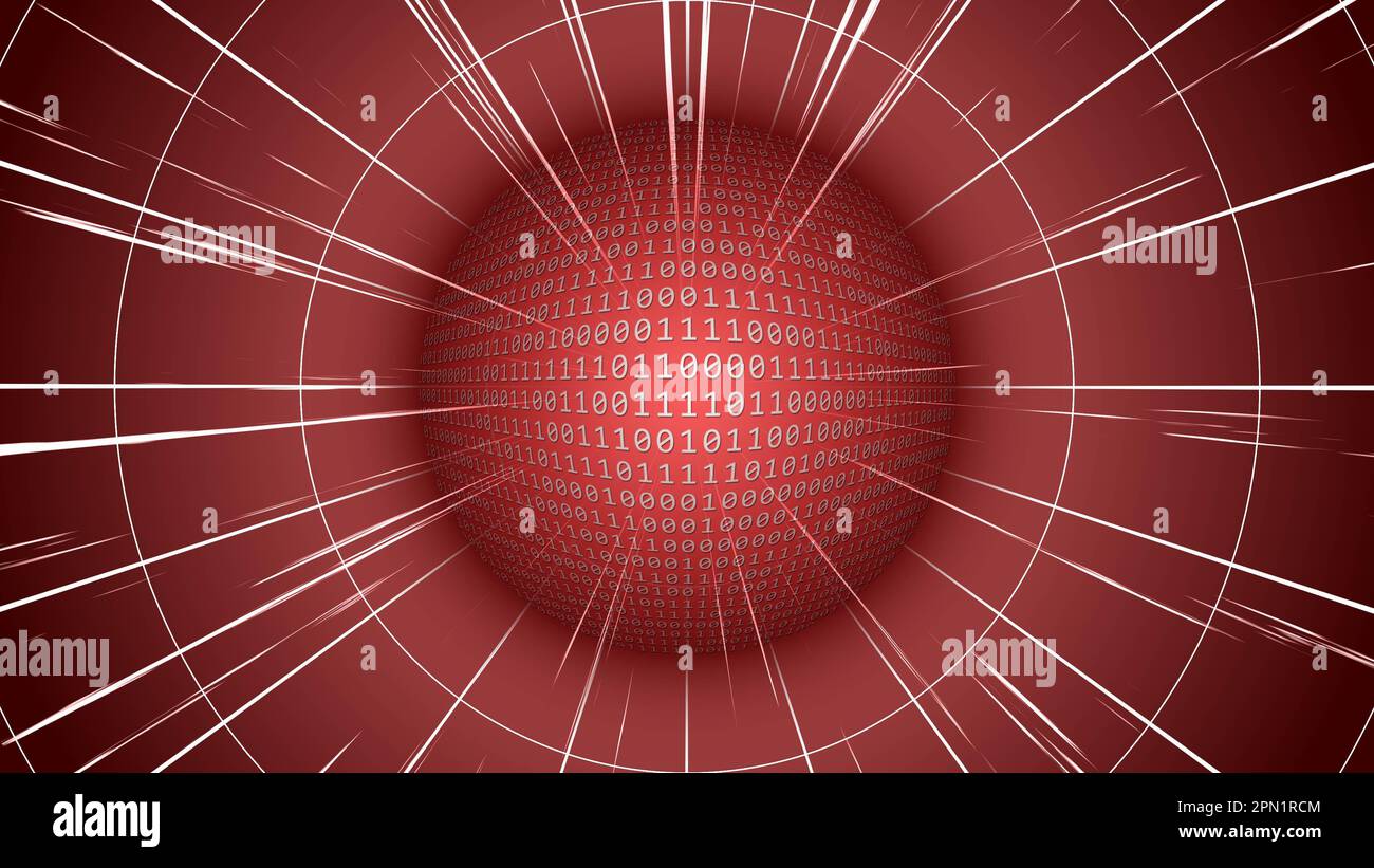 Bright sphere of binary code in red color - abstract illustration with stylized space rays and ...