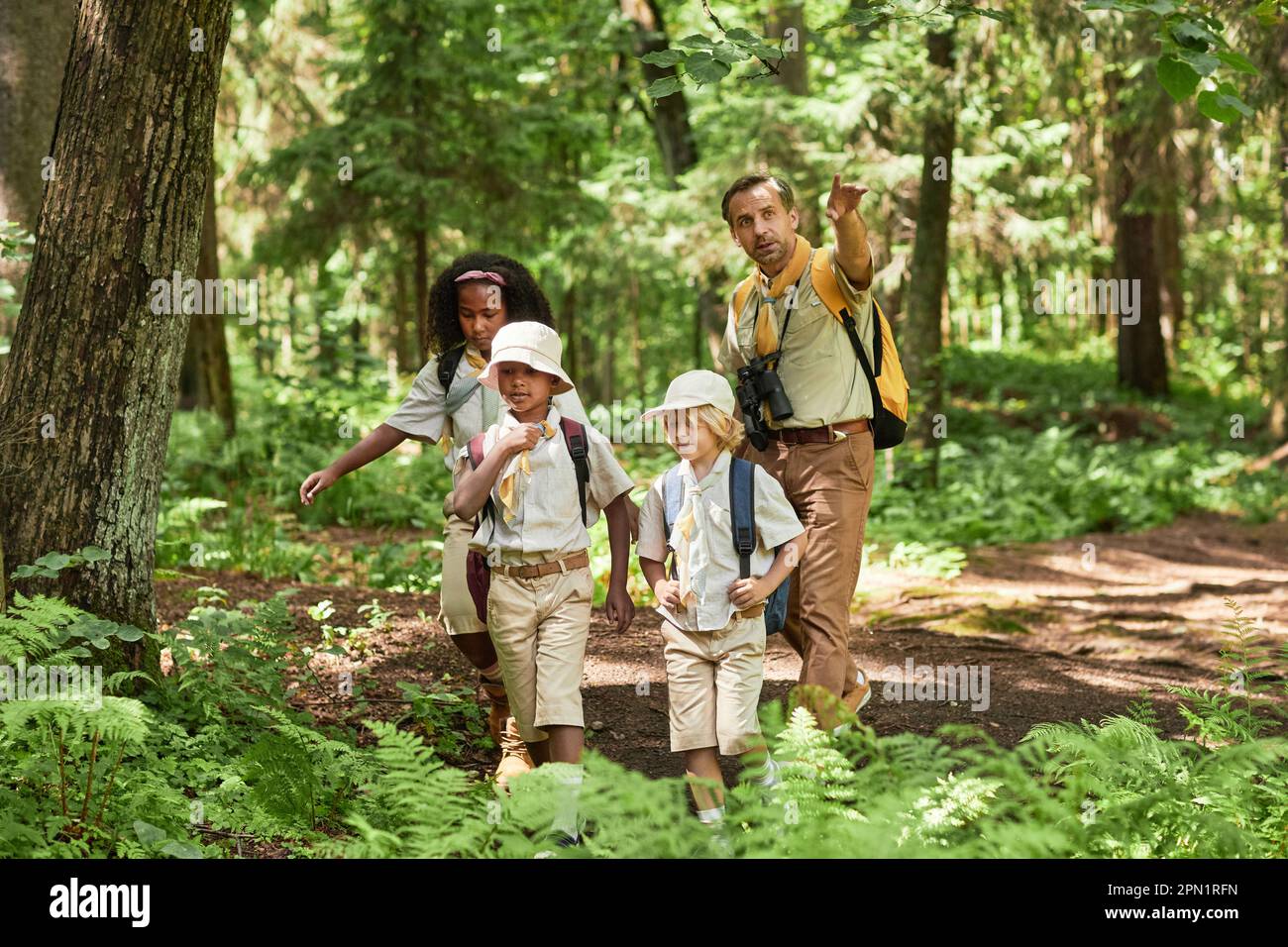 Group of scouts hiking in forest with adult leader pointing away, copy ...