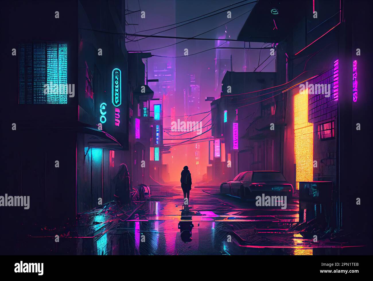City in virtual reality, cyberpunk city street in neon lights Stock ...