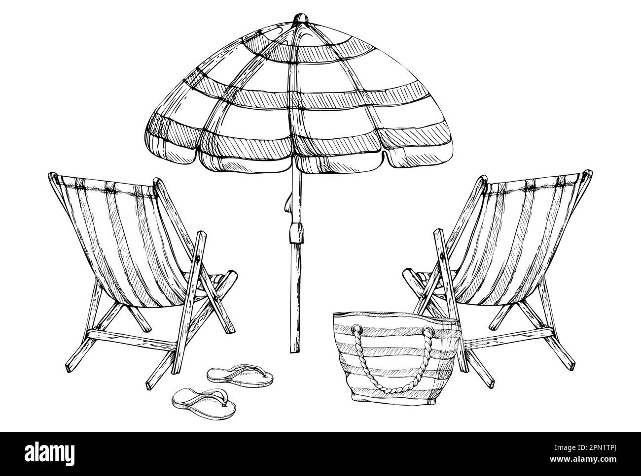 Hand Drawn Vector Ink Composition Striped Beach Accessories Umbrellas