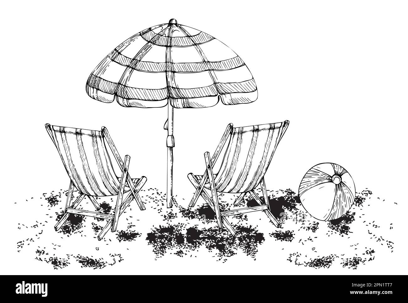 Hand Drawn Vector Ink Composition Striped Beach Accessories Umbrellas