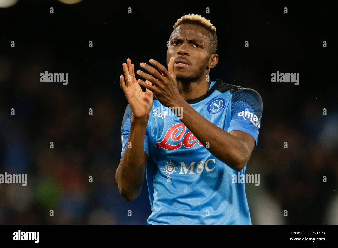 SSC Napoli's Nigerian striker Victor Osimhen thanks the crowd at the ...