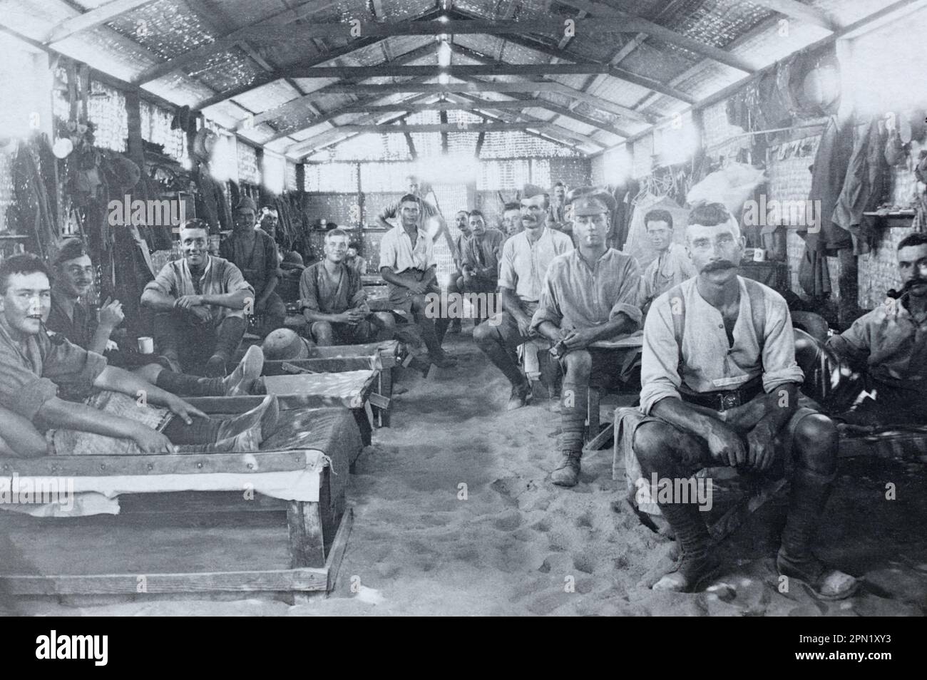 Royal Flying Corps airmen inside a barrack hut in the Middle East during the First World War ...
