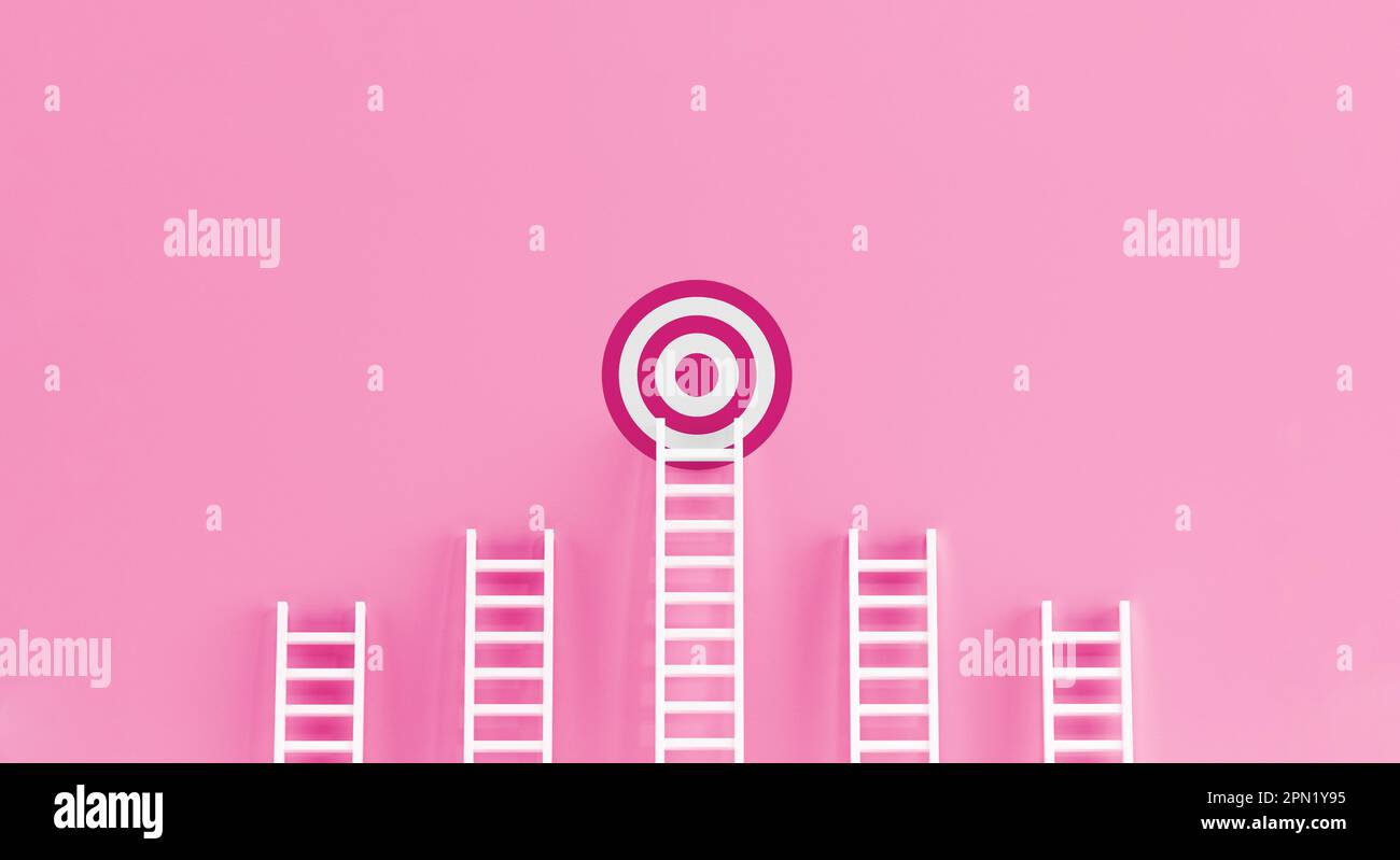 Target ladder achievement concept on pink wall studio background. Woman ...