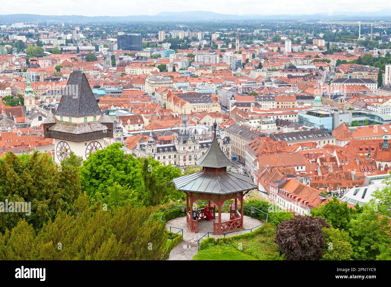Graz, Austria - May 28 2019: Aerial view of Graz with people seat ...