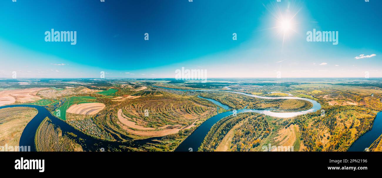 Panorama Aerial View Green Forest Woods And River Landscape In Sunny ...