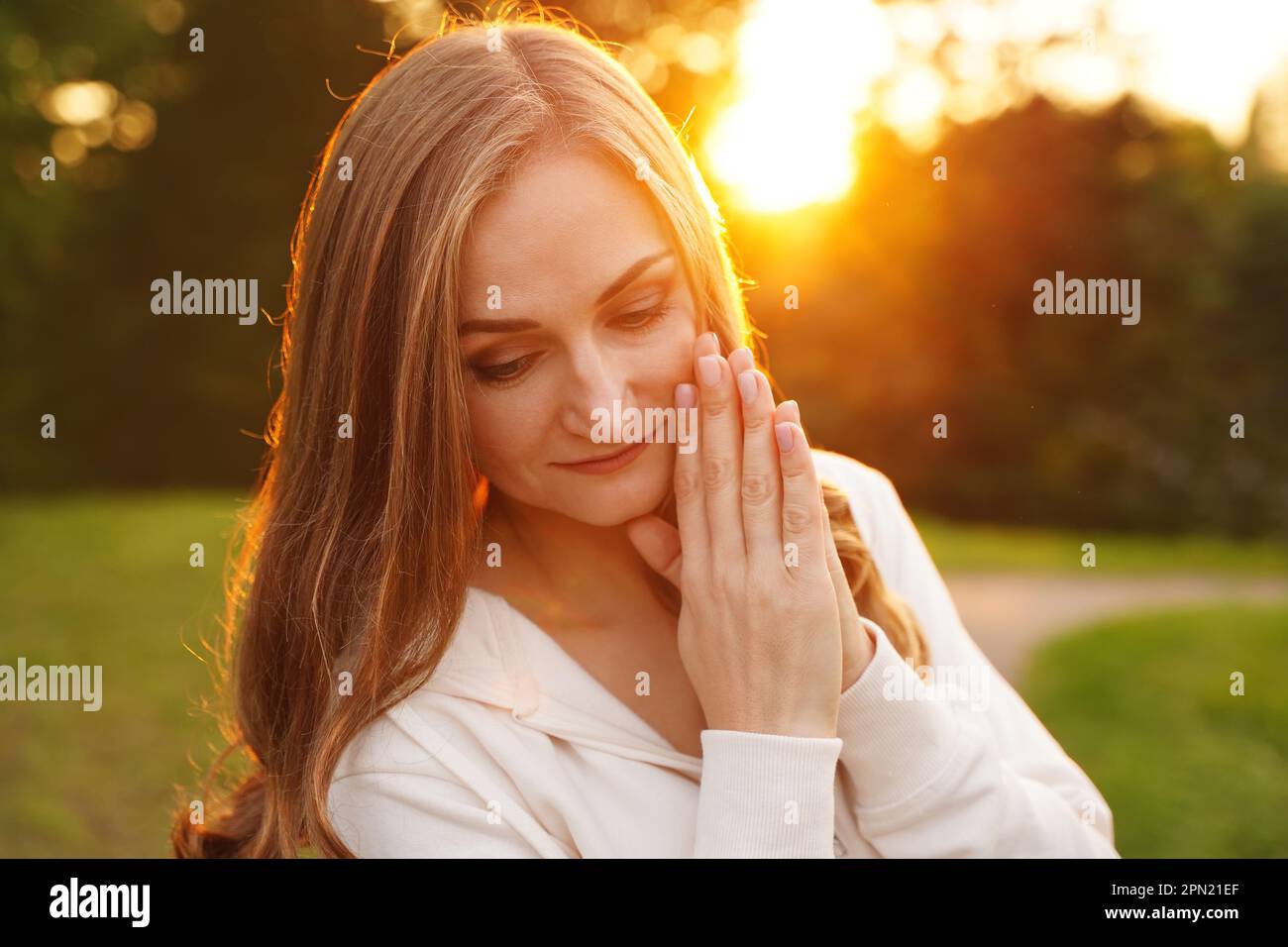 Beautiful calm girl outdoors. Summer woman portrait in nature. Concept ...