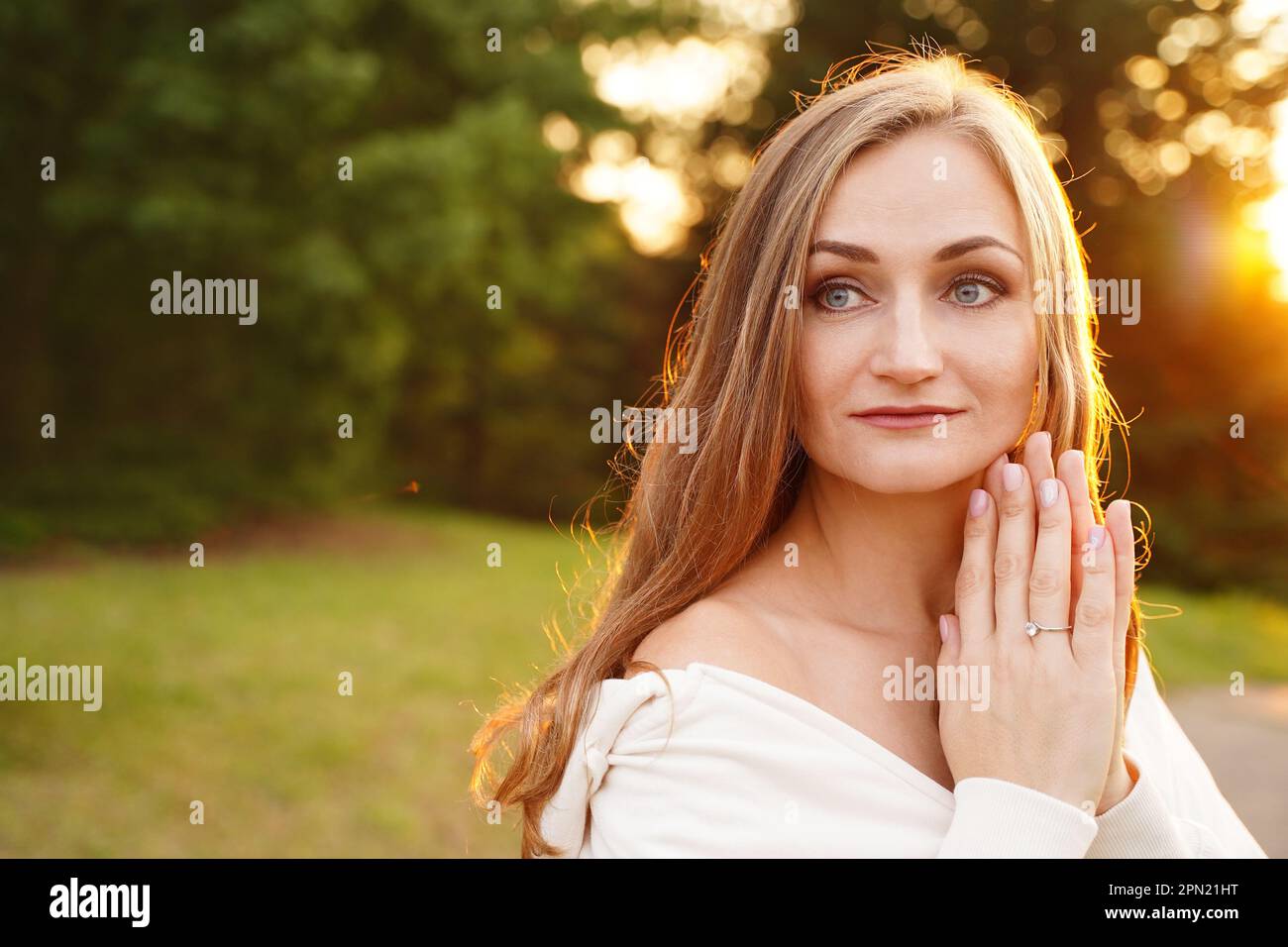 Beautiful calm girl outdoors. Summer woman portrait in nature. Concept ...