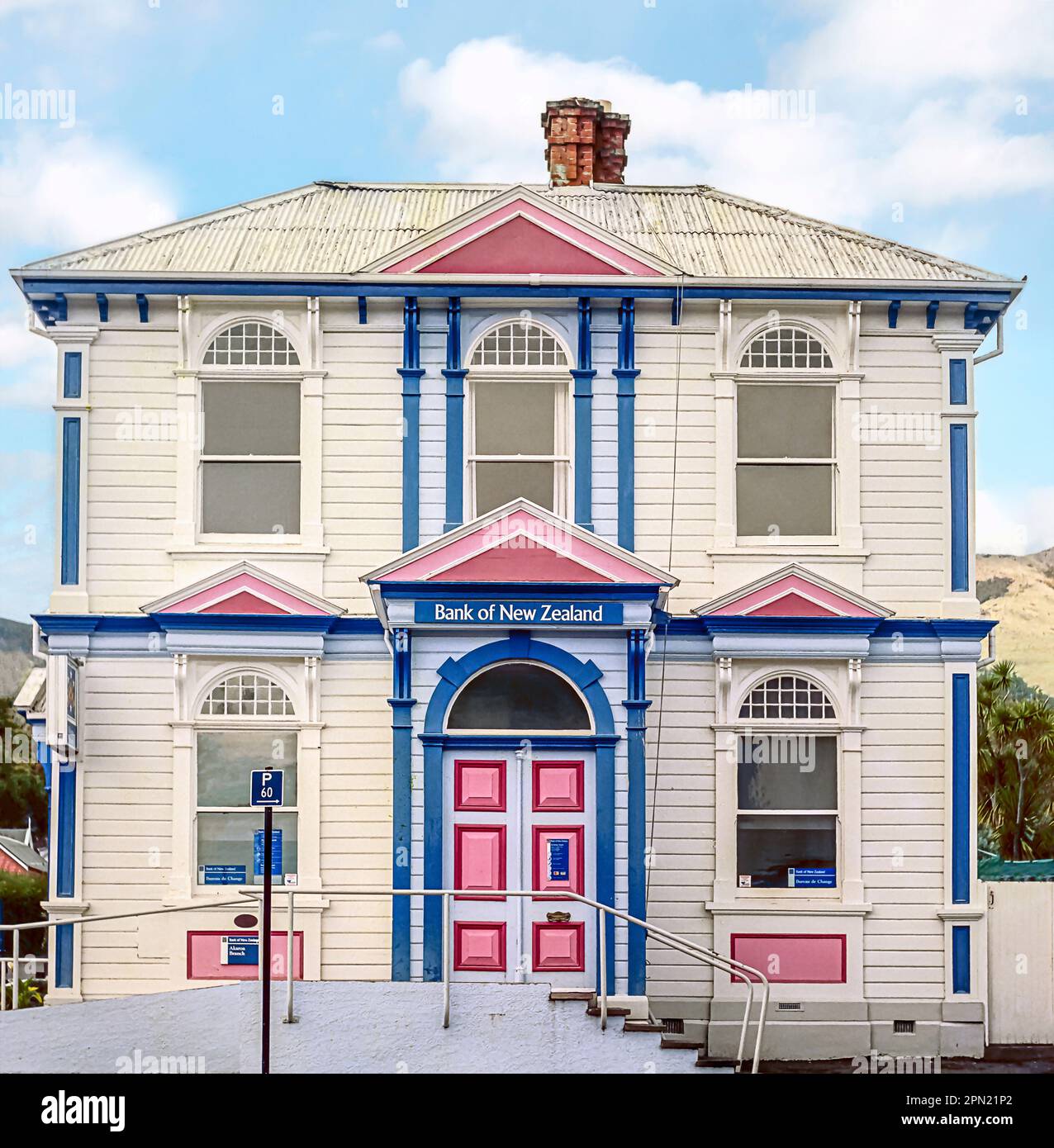 Historic former Bank of New Zealand building in Akaroa, Banks Peninsula ...
