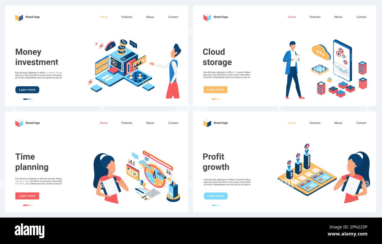 Time management, money investment, planning profit growth, cloud storage set vector illustration ...