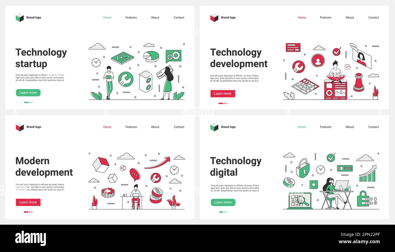 Digital startup development, modern business management technology set vector illustration ...