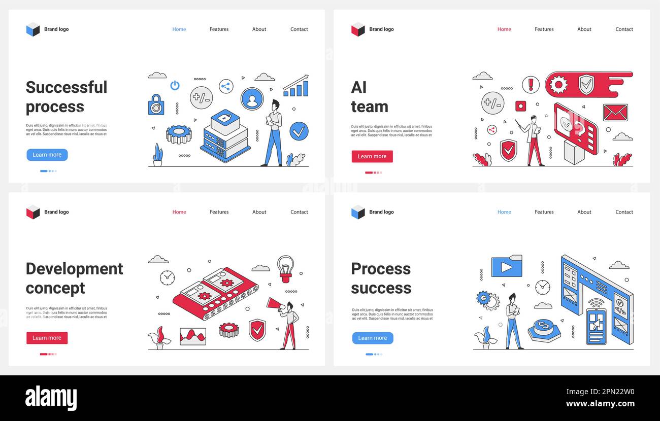Business development, team process success, AI technology set vector illustration. Cartoon tiny ...